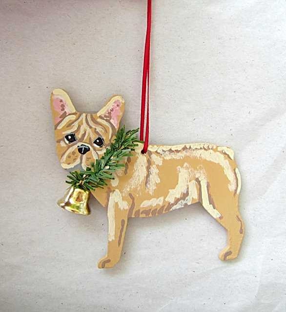 Hand-painted FRENCH BULLDOG FAWN Wood Christmas Tree Ornament Artist ...