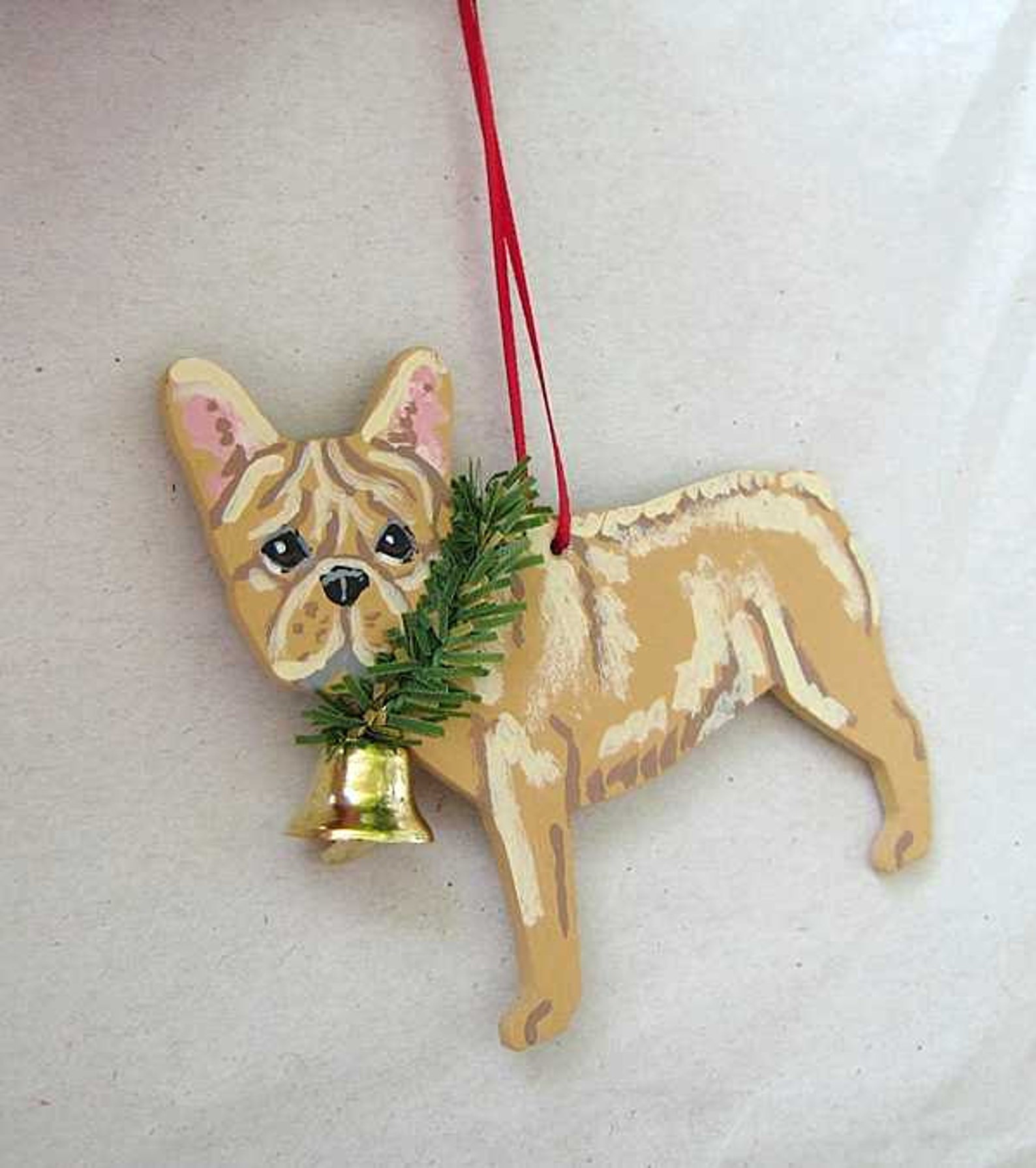 Hand-painted FRENCH BULLDOG FAWN Wood Christmas Tree Ornament Artist ...