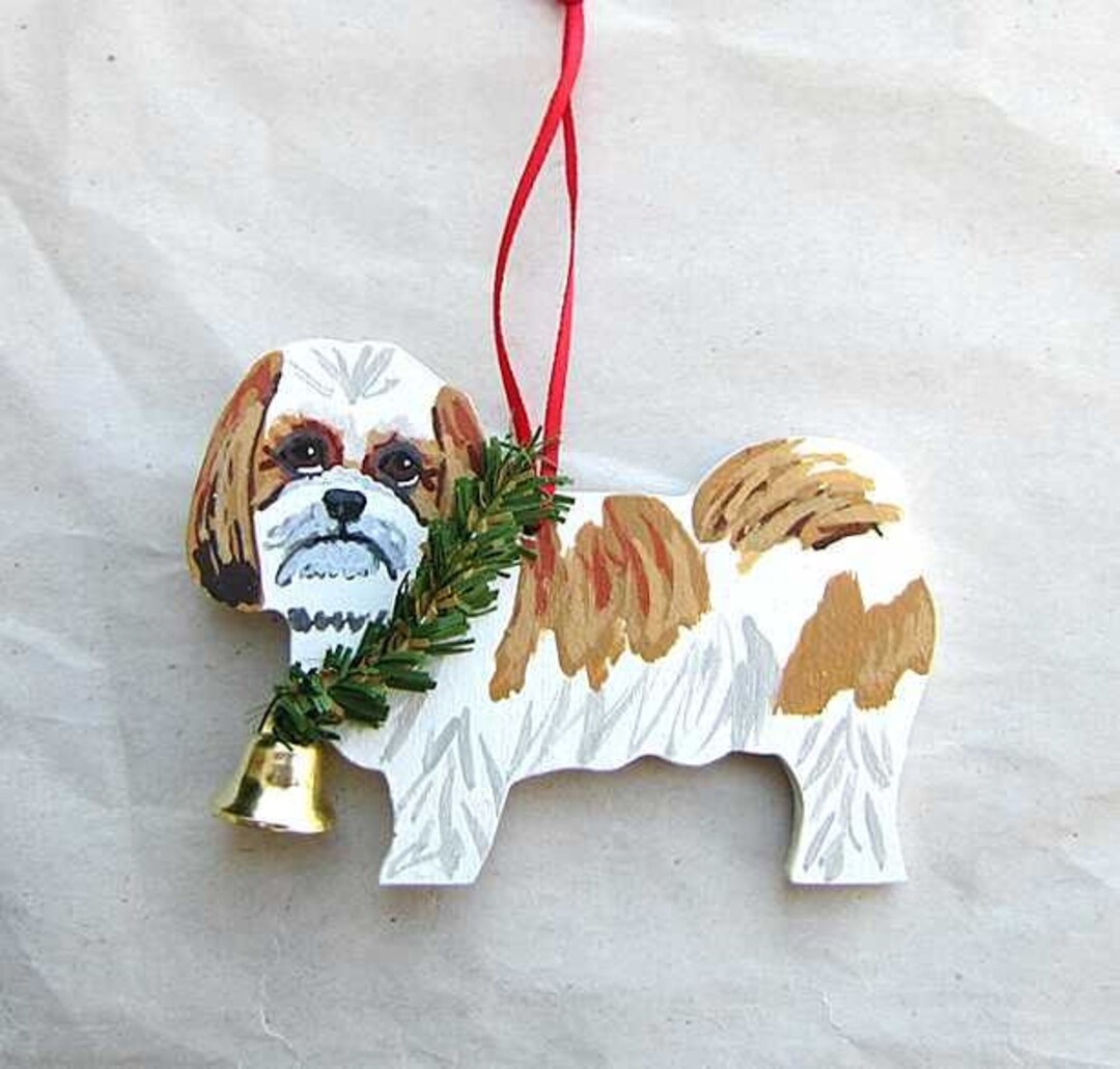 Hand-painted SHIH TZU Gold/white Wood Christmas Tree Ornament Artist ...
