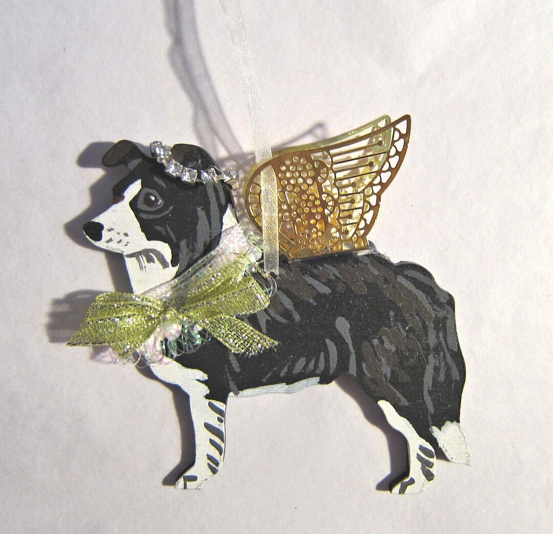 Hand-painted BORDER COLLIE Angel With Wings Wood Ornament.....artist ...