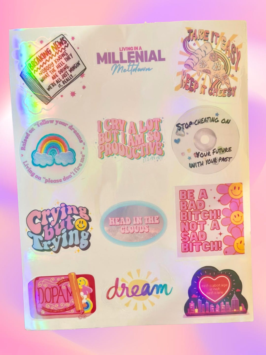 Y2K Inspired millennial Meltdown Holographic Sticker Sheet Funny Mental Health & Burnout ...