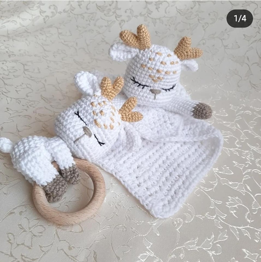 Handmade Crochet Deer Lovey & Rattle Set - Baby Gift, Baby Safe Yarn ...