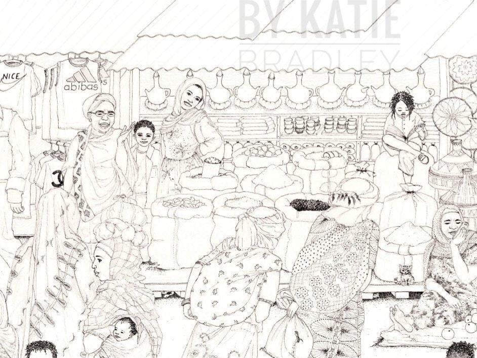 Deluxe Fine Art Adult Coloring Page of East African Market Drawing - Etsy