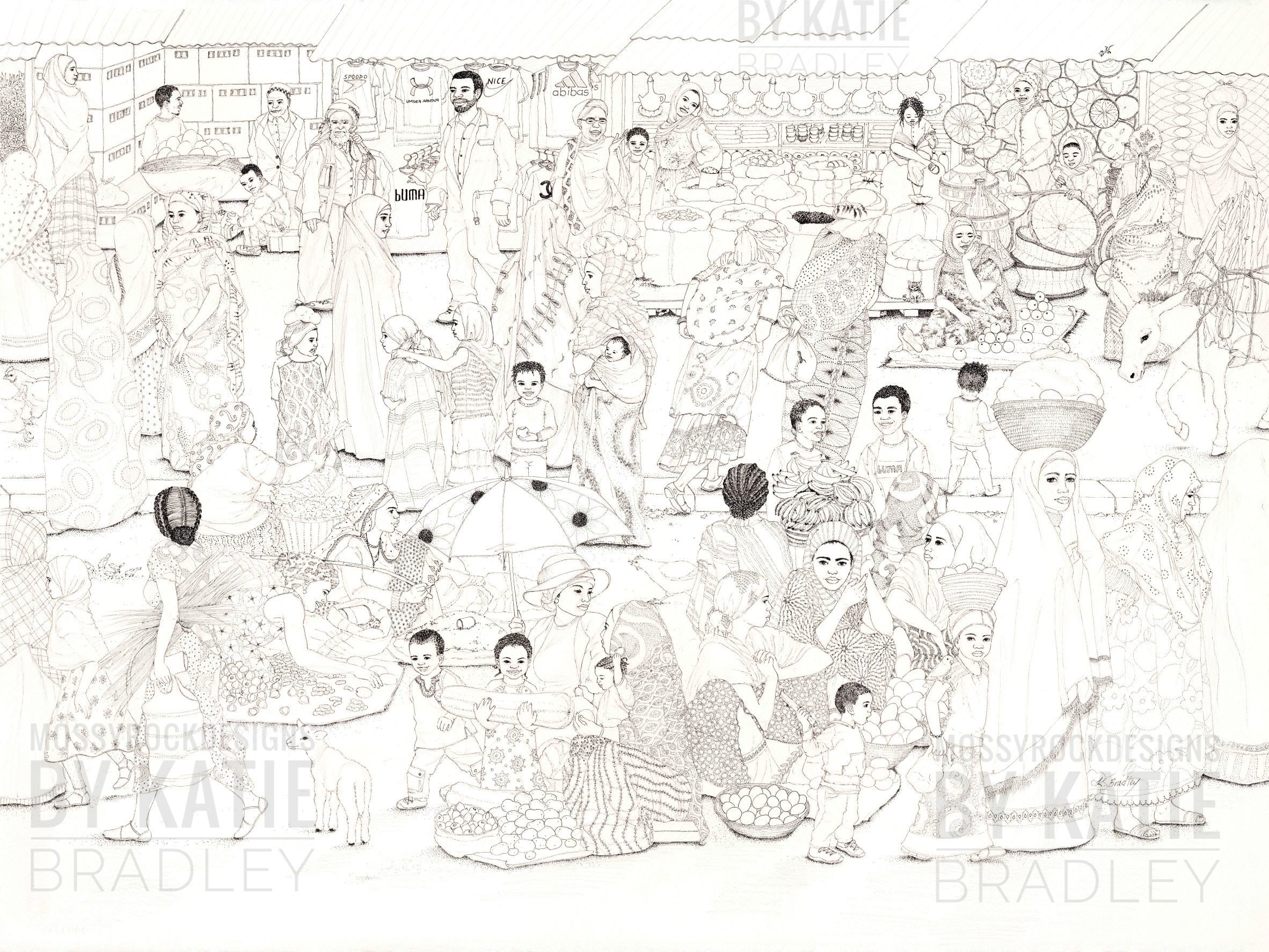 Deluxe Fine Art Adult Coloring Page of East African Market Drawing - Etsy
