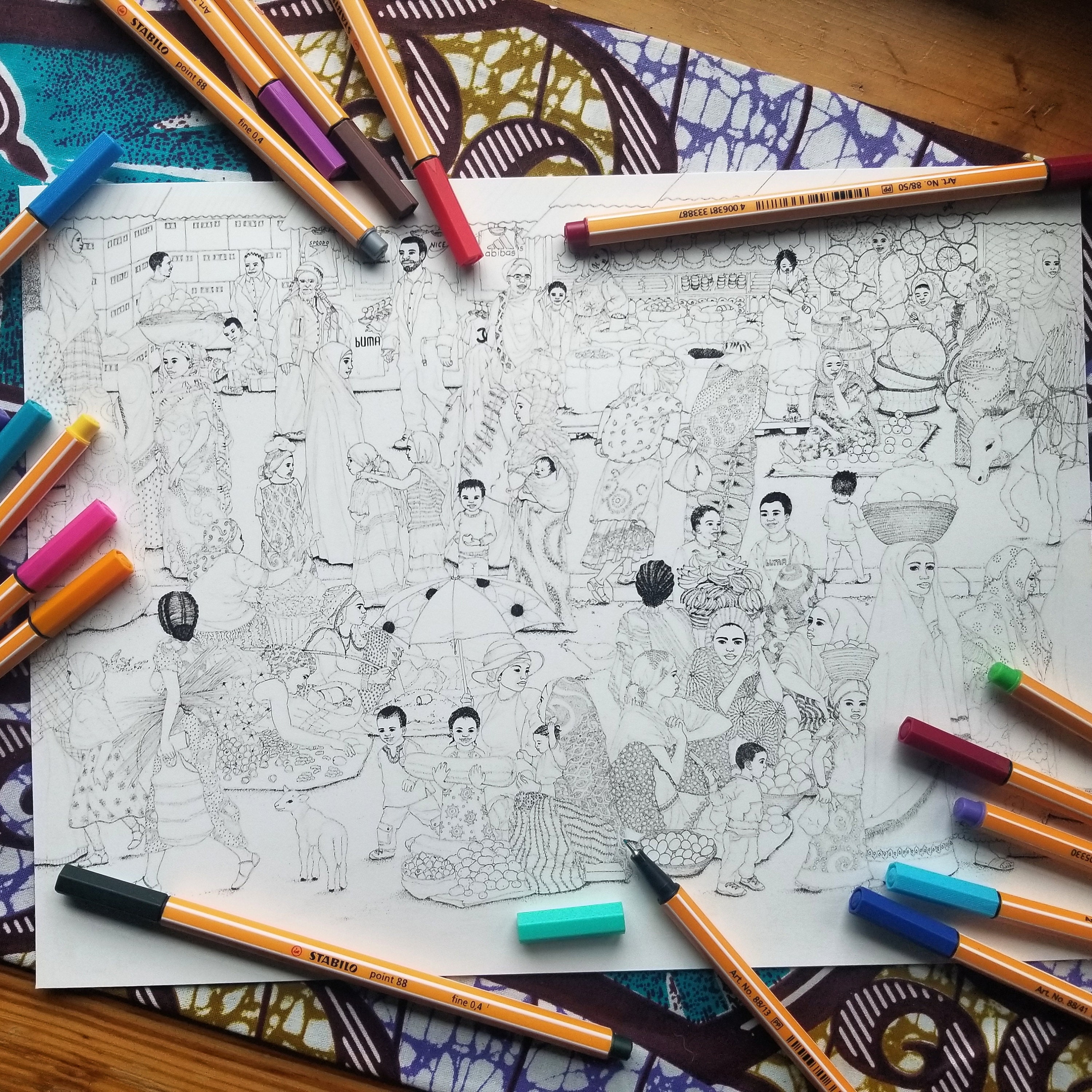 Deluxe Fine Art Adult Coloring Page of East African Market Drawing - Etsy