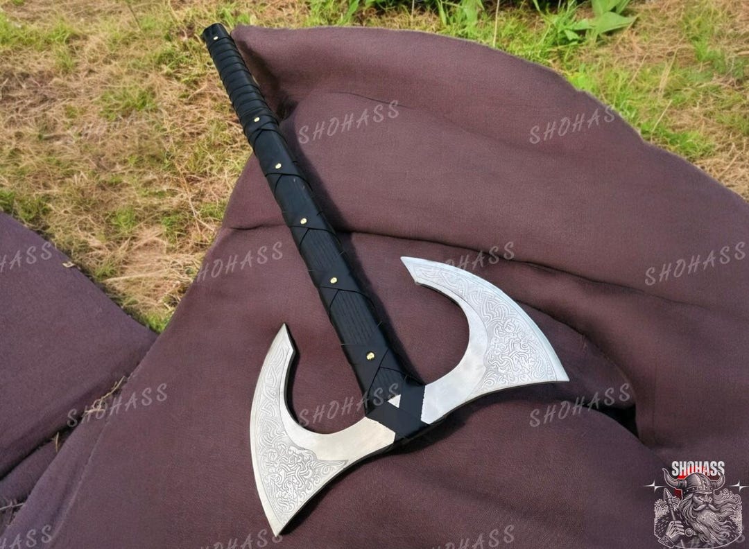 Double Head Forged Axe Double Edge Head Leather Wrap Grip Viking Double-edged Battle Axe Best ...