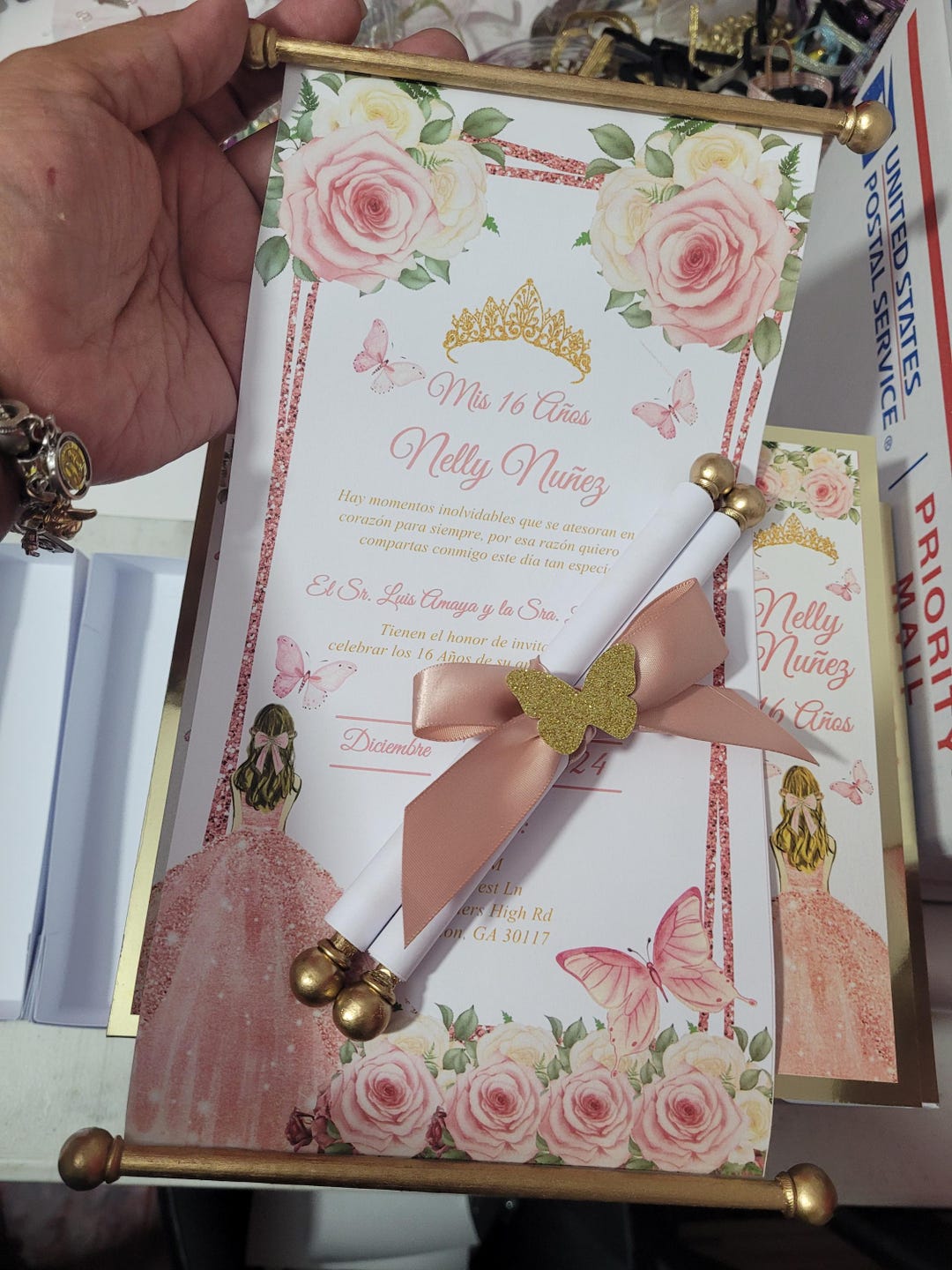 Rose Gold Quinceanera Scroll Invitation: Parchment With Beige & Gold - Etsy
