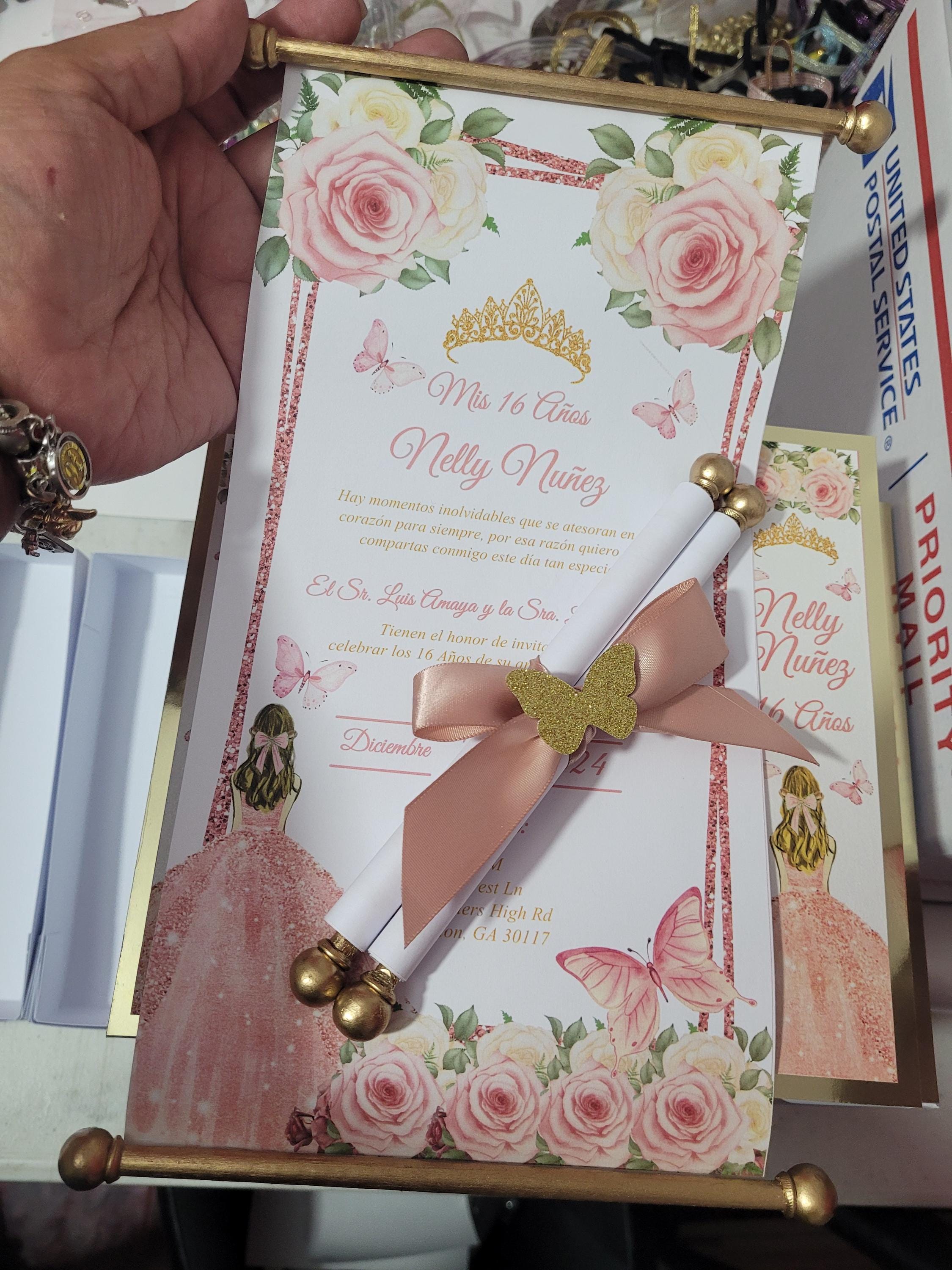 Rose Gold Quinceanera Scroll Invitation: Parchment With Beige & Gold - Etsy