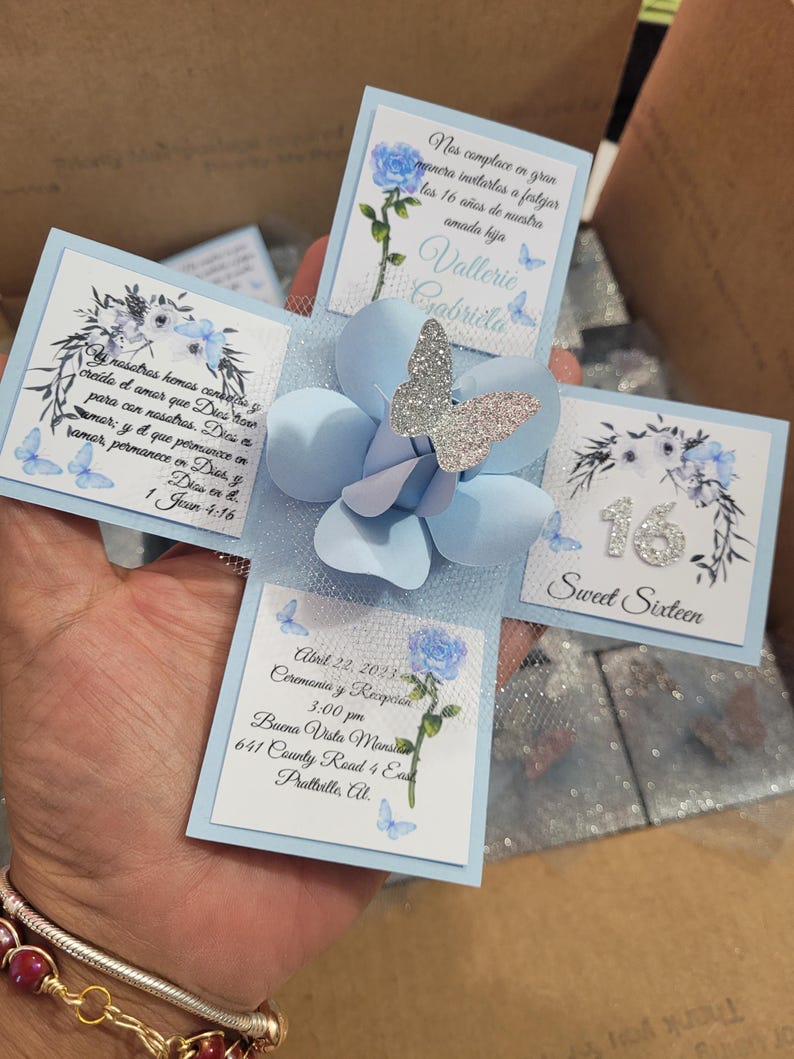 Quinceañera Invitations, Handmade Flower Box, Baby Blue, Silver ...