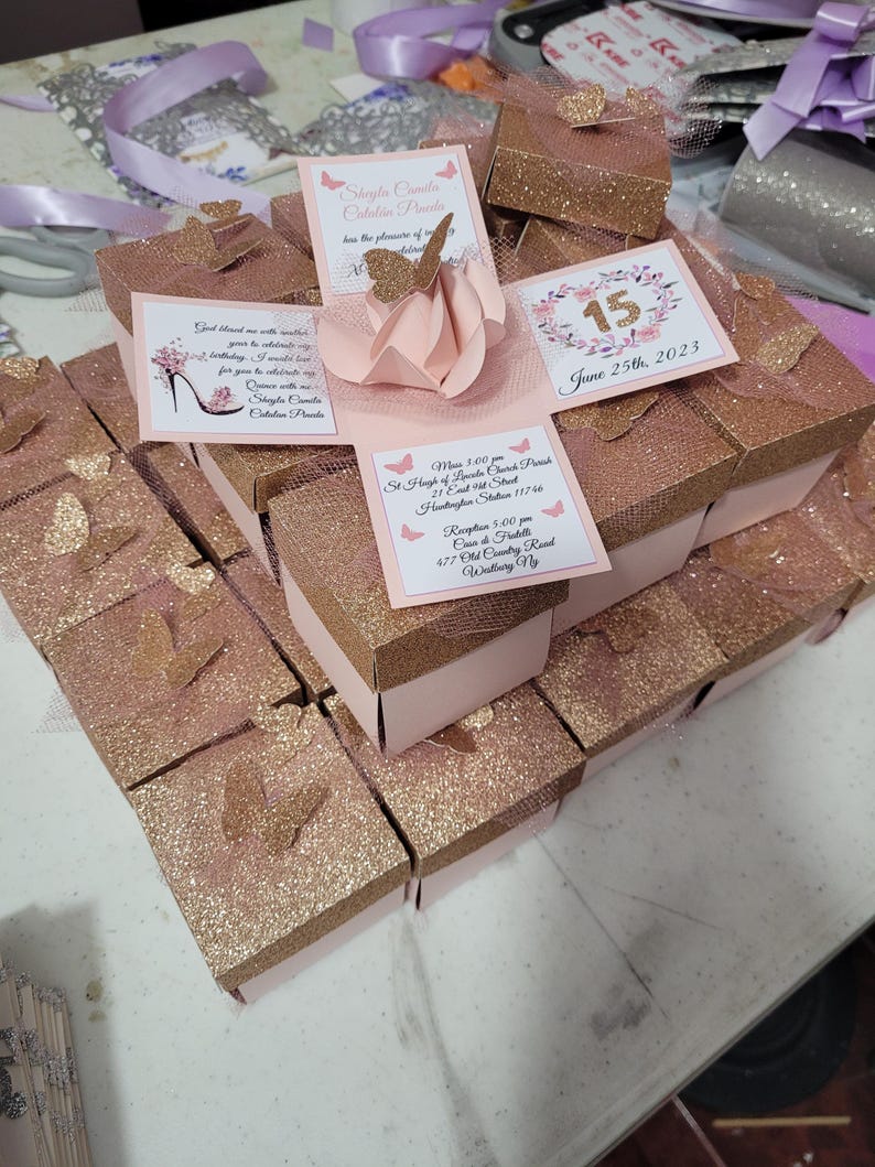 Quinceañera Box Invitations, Handmade Flower, Rose Gold Butterfly - Etsy