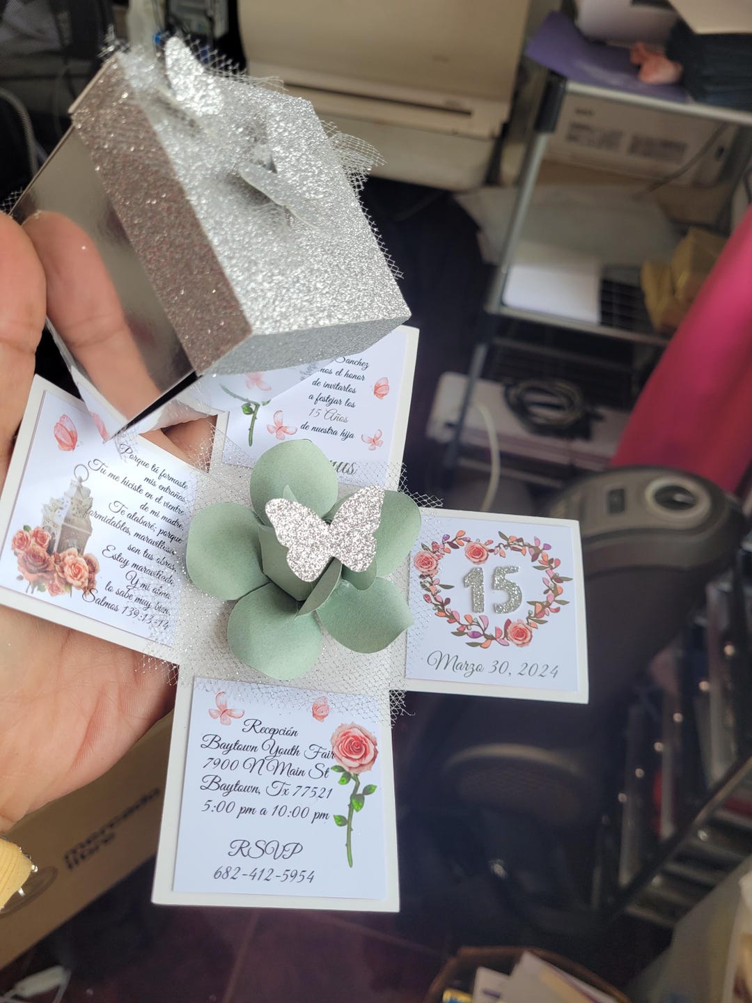 Handmade Quinceañera Box Invitation, Silver Butterflies, Sage Green ...