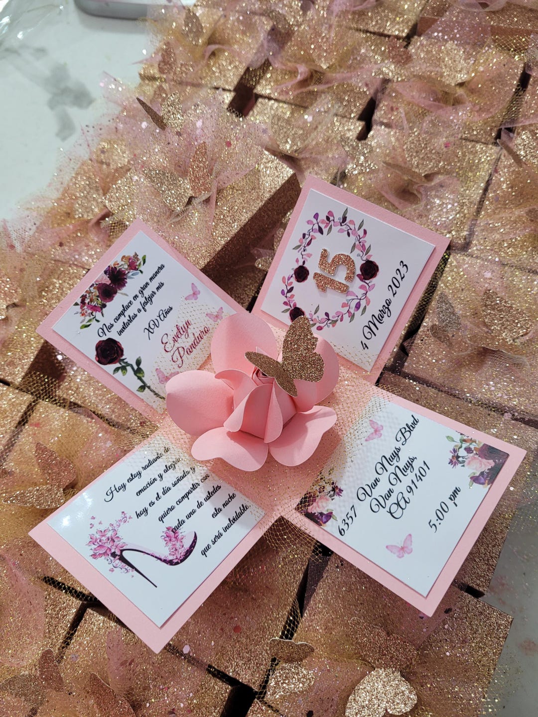 Quinceañera Box Invitations, Handmade Flower, Rose Gold Butterfly - Etsy