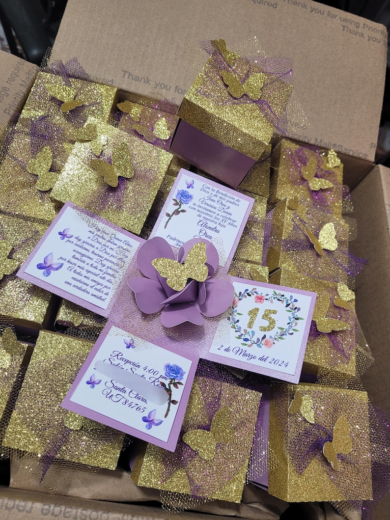 Handmade Quinceañera Box Invitation With Purple Flowers and Gold ...