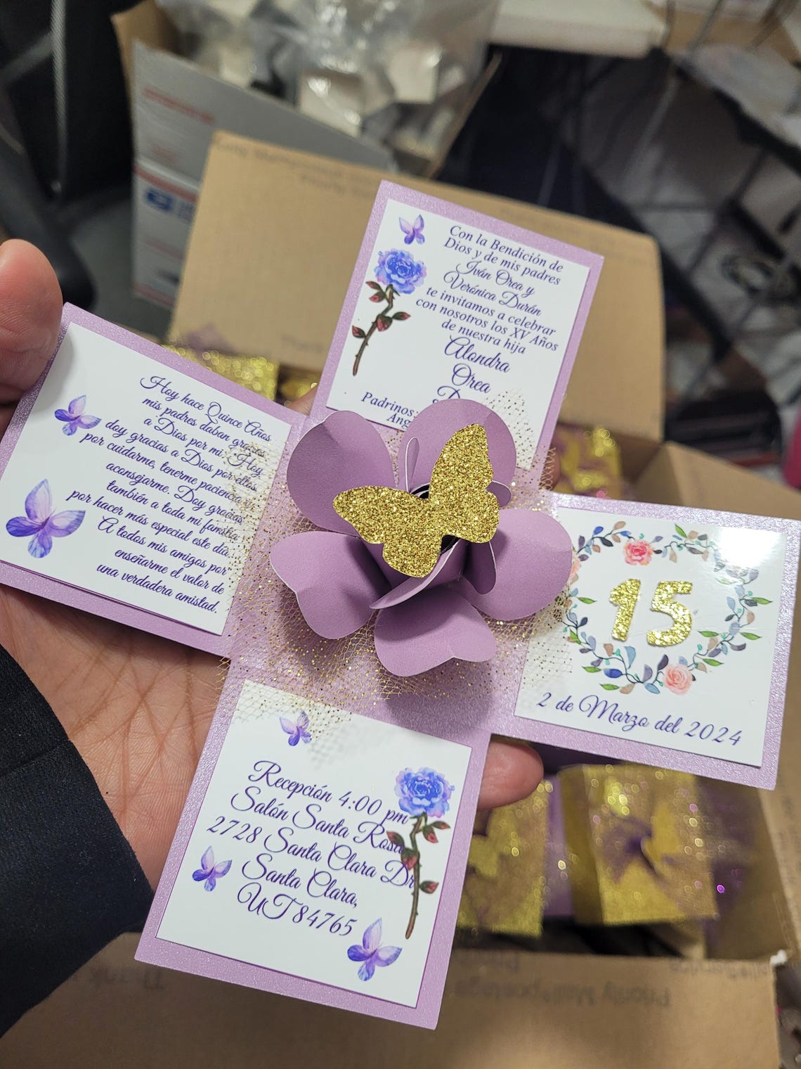 Handmade Quinceañera Box Invitation With Purple Flowers and Gold ...