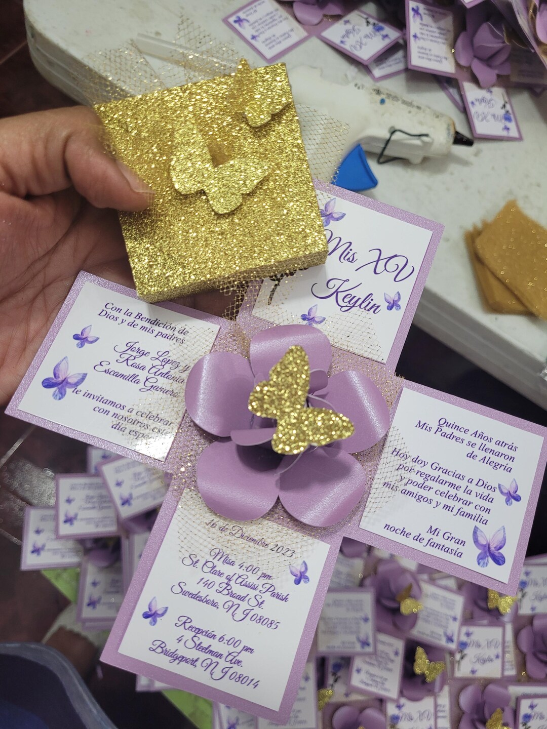 Handmade Quinceañera Box Invitation With Purple Flowers and Gold ...