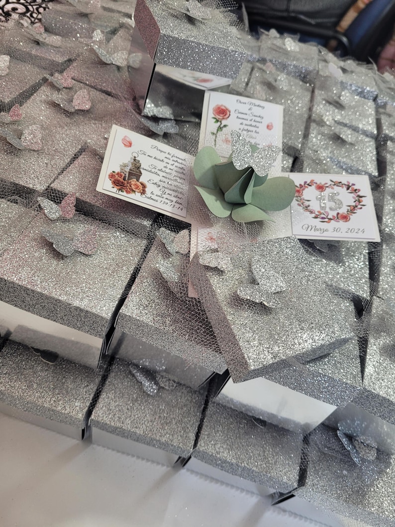 Handmade Quinceañera Box Invitation, Silver Butterflies, Sage Green ...