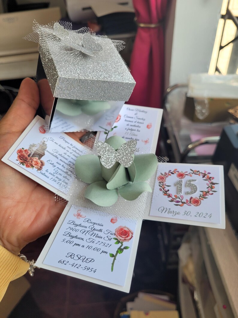 Handmade Quinceañera Box Invitation, Silver Butterflies, Sage Green ...