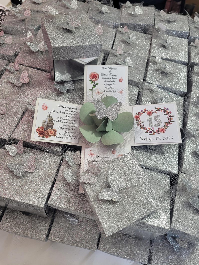 Handmade Quinceañera Box Invitation, Silver Butterflies, Sage Green ...