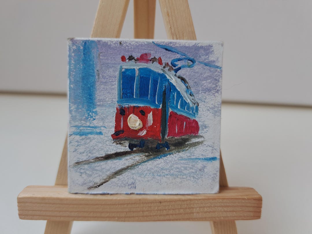 Red Tram Miniature Original Oil Painting 2x2 Fine Art Cute Gift Mini ...