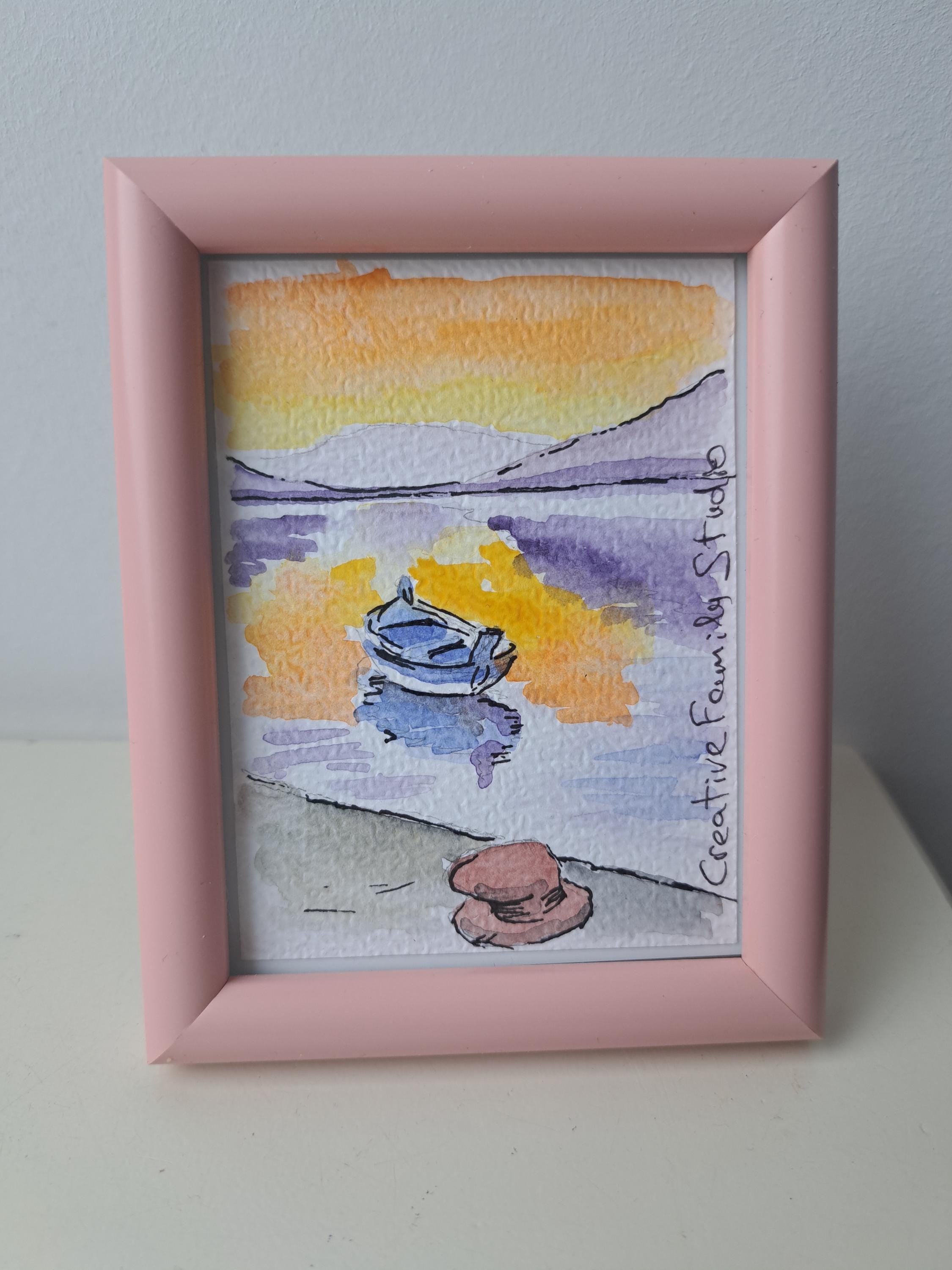 Original Mini Watercolor Painting in Decorative Frame Boat Sunset ...