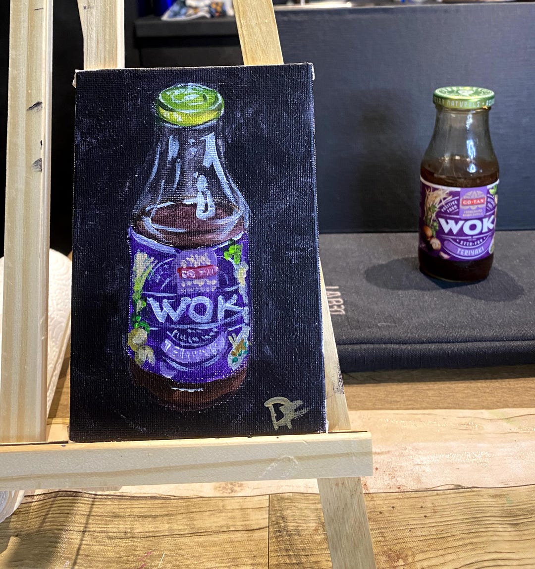 Original Acrylic Still Life Painting: Wok Sauce Bottle, Mini Food Art ...