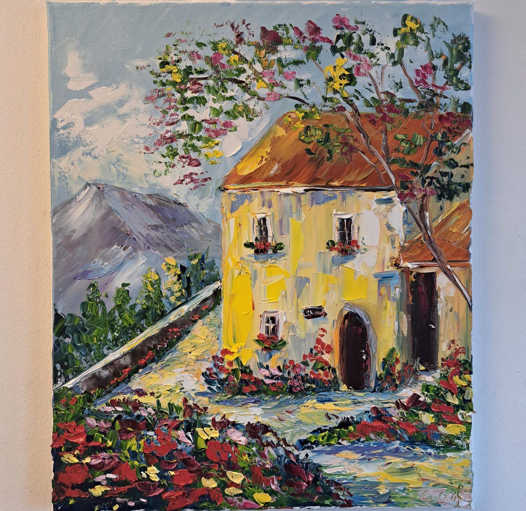 Yellow House Old Italian Patio With Flowers Original Oil Painting ...