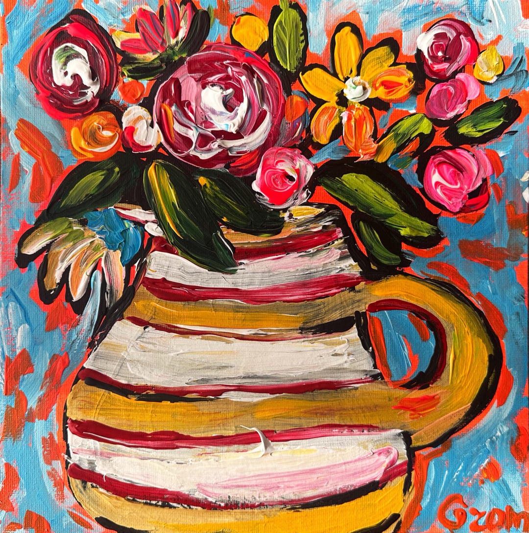 Still Life Pot With Bright Flowers Acrylic Original Painting 25x25cm - Etsy