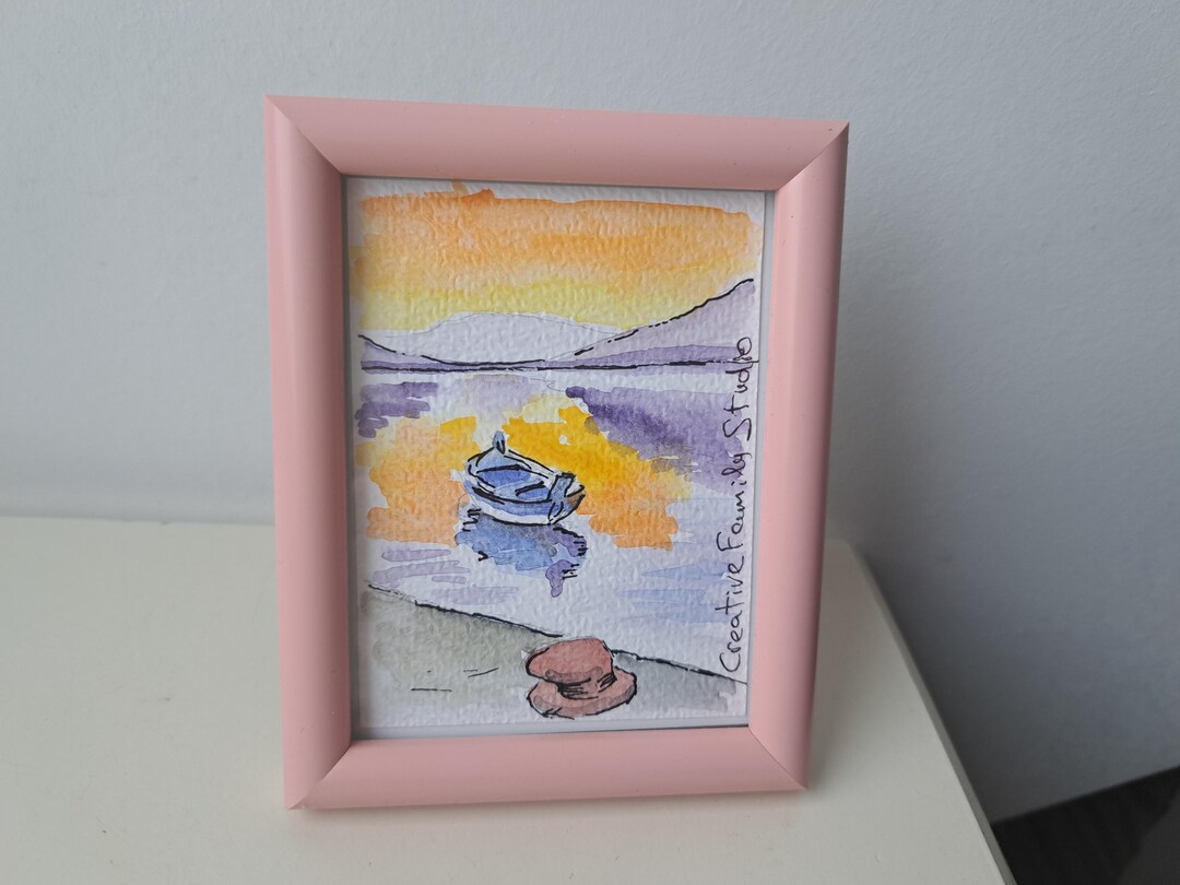 Original Mini Watercolor Painting in Decorative Frame Boat Sunset ...