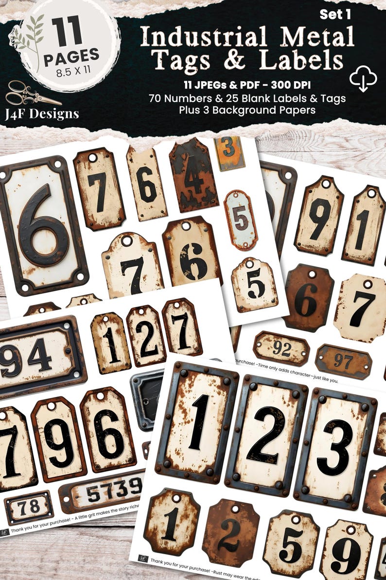 Metal Rustic Industrial Grungy Number Labels Printable Junk Journal ...