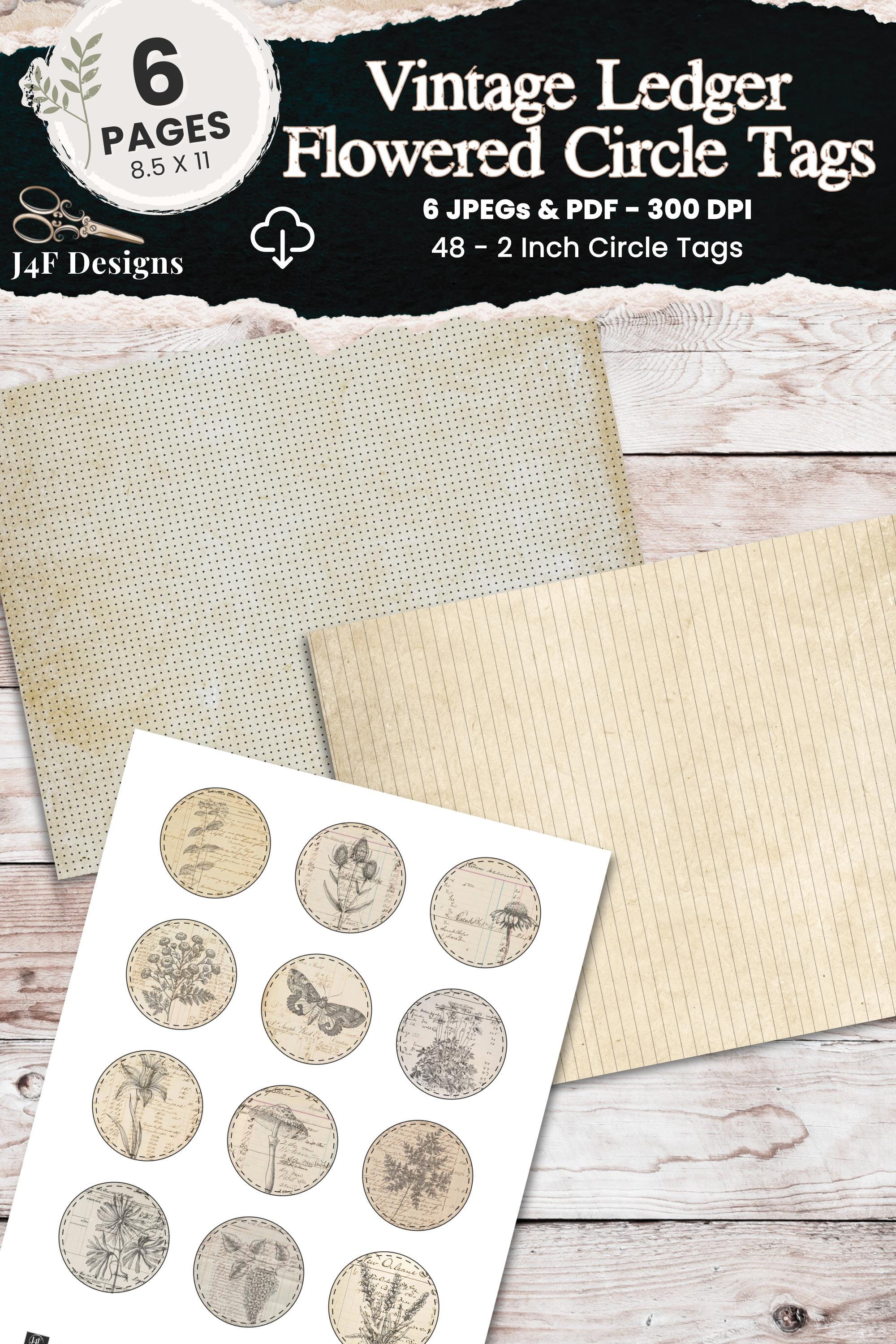 Vintage Ledger Paper Flowered Circle Neutral Junk Journal Tag Printable ...
