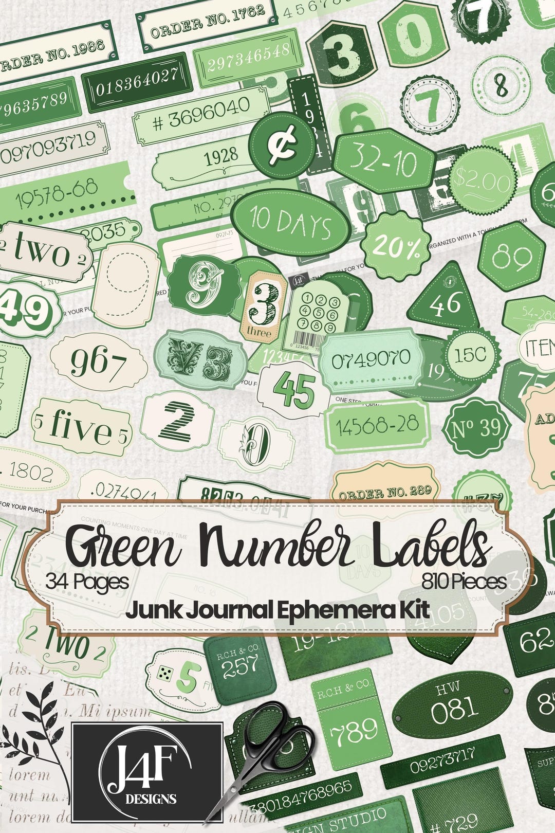 GREEN NUMBER LABEL Ephemera Junk Journaling Fussy Cut Digitized ...