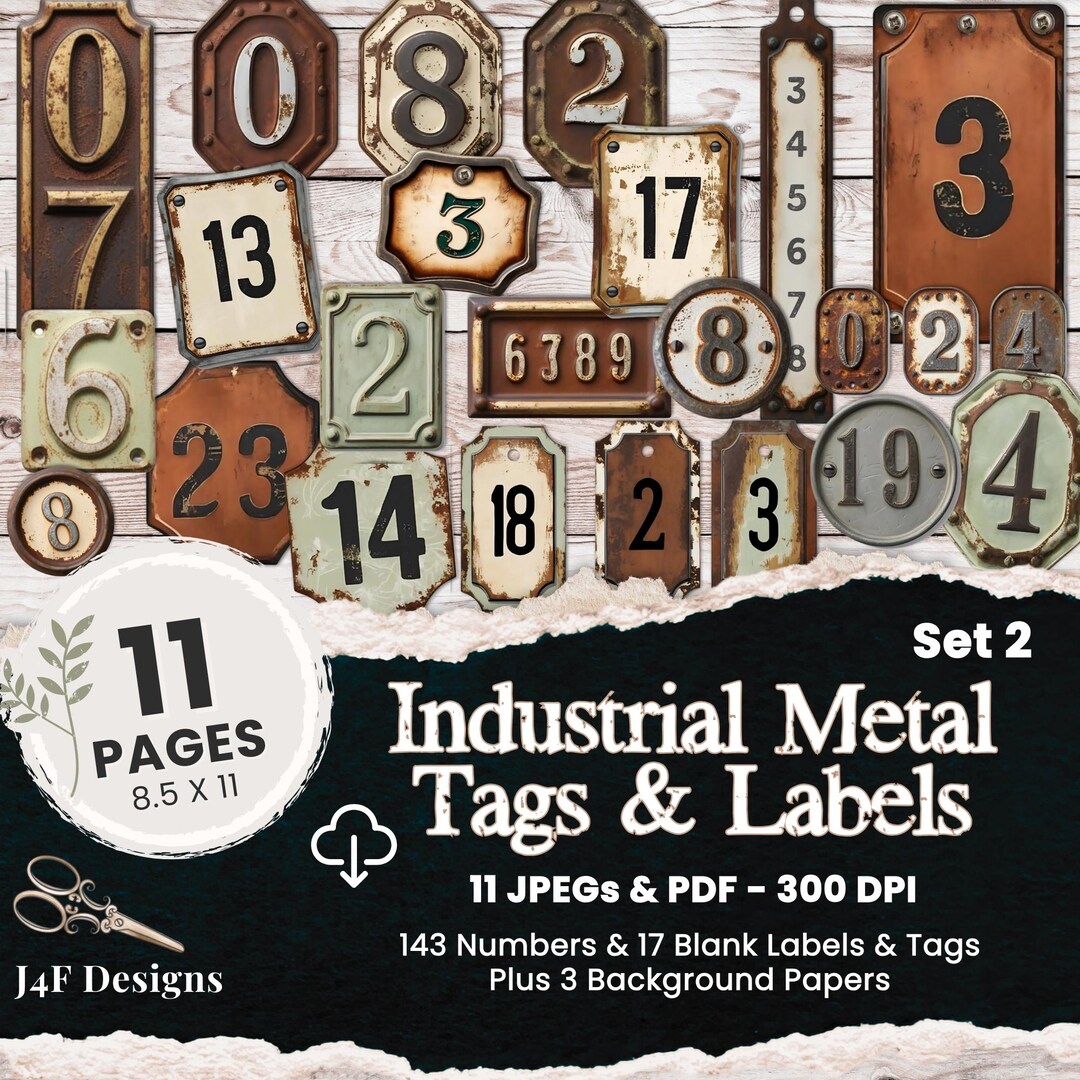 Metal Rustic Industrial Grungy Number Labels Printable Junk Journal ...