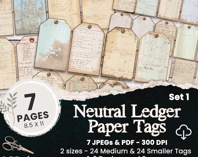 Neutral Junk Journal Tags Printable Vintage Ledger Paper Tags Old ...