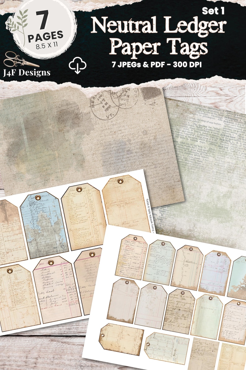 Neutral Junk Journal Tags Printable Vintage Ledger Paper Tags Old ...