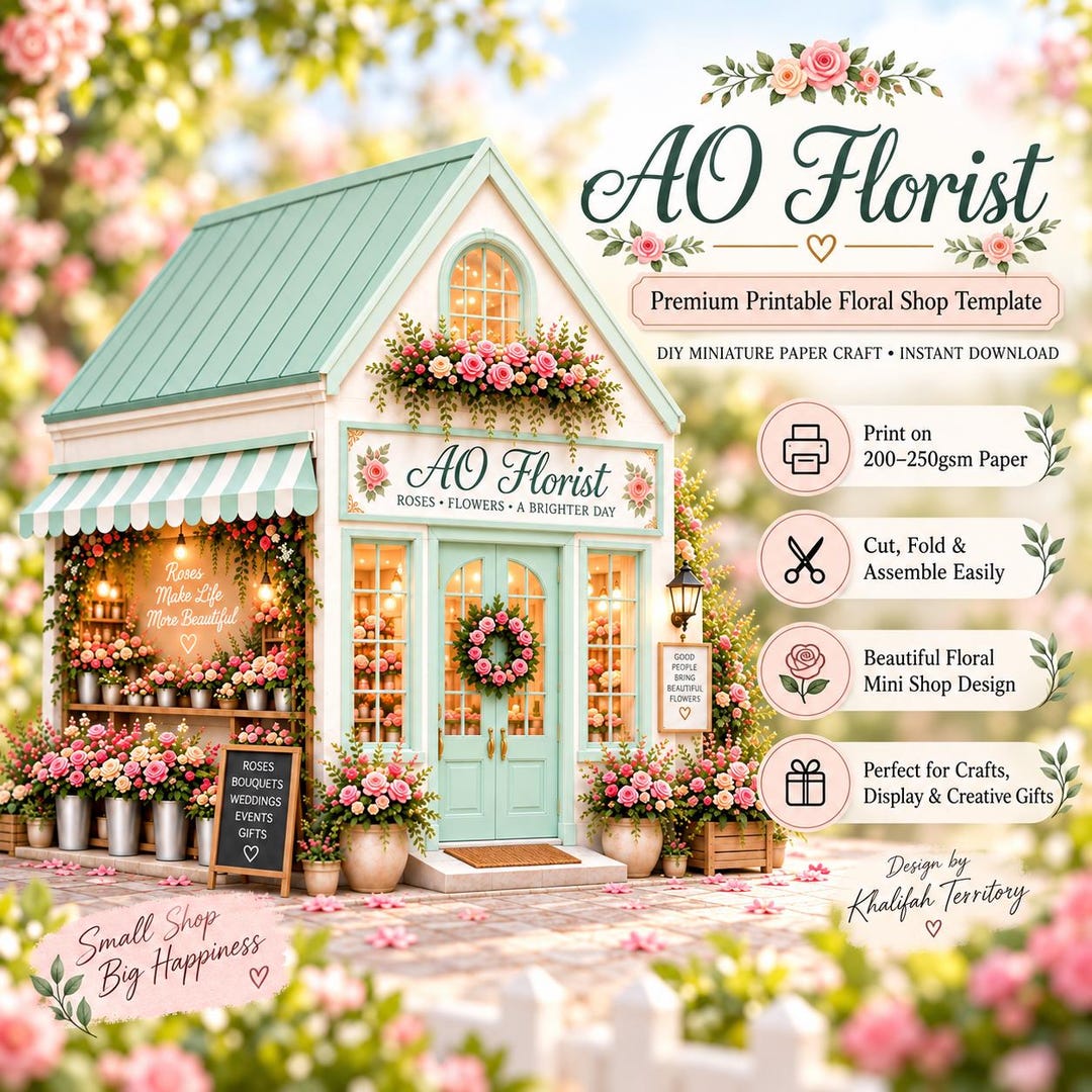 AO Florist Printable Miniature Flower Shop, DIY Paper Craft Dollhouse ...