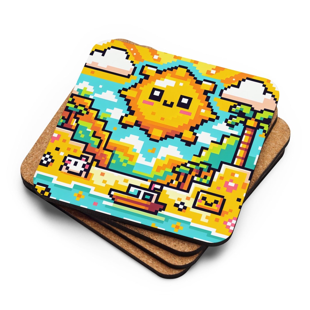 Retro Pixel Coaster Sunny Beach Digital Art Cute Summer Decor Vibrant ...