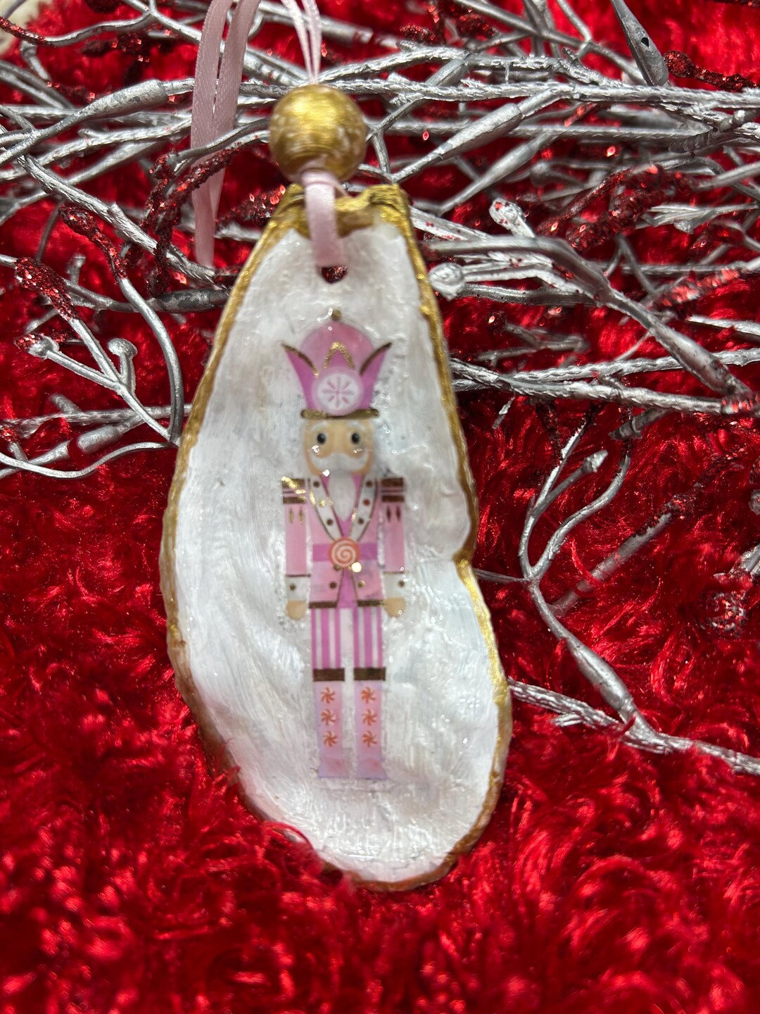 Pink Nutcracker Oyster Shell Christmas Ornament, Gold Leaf Edges - Etsy