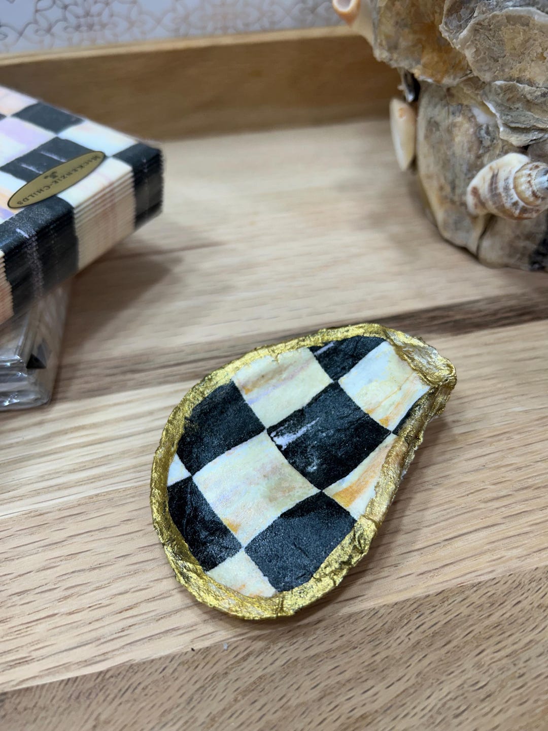Decoupage Oyster Shell Trinket Dish: Black and White Checkered Jewelry ...