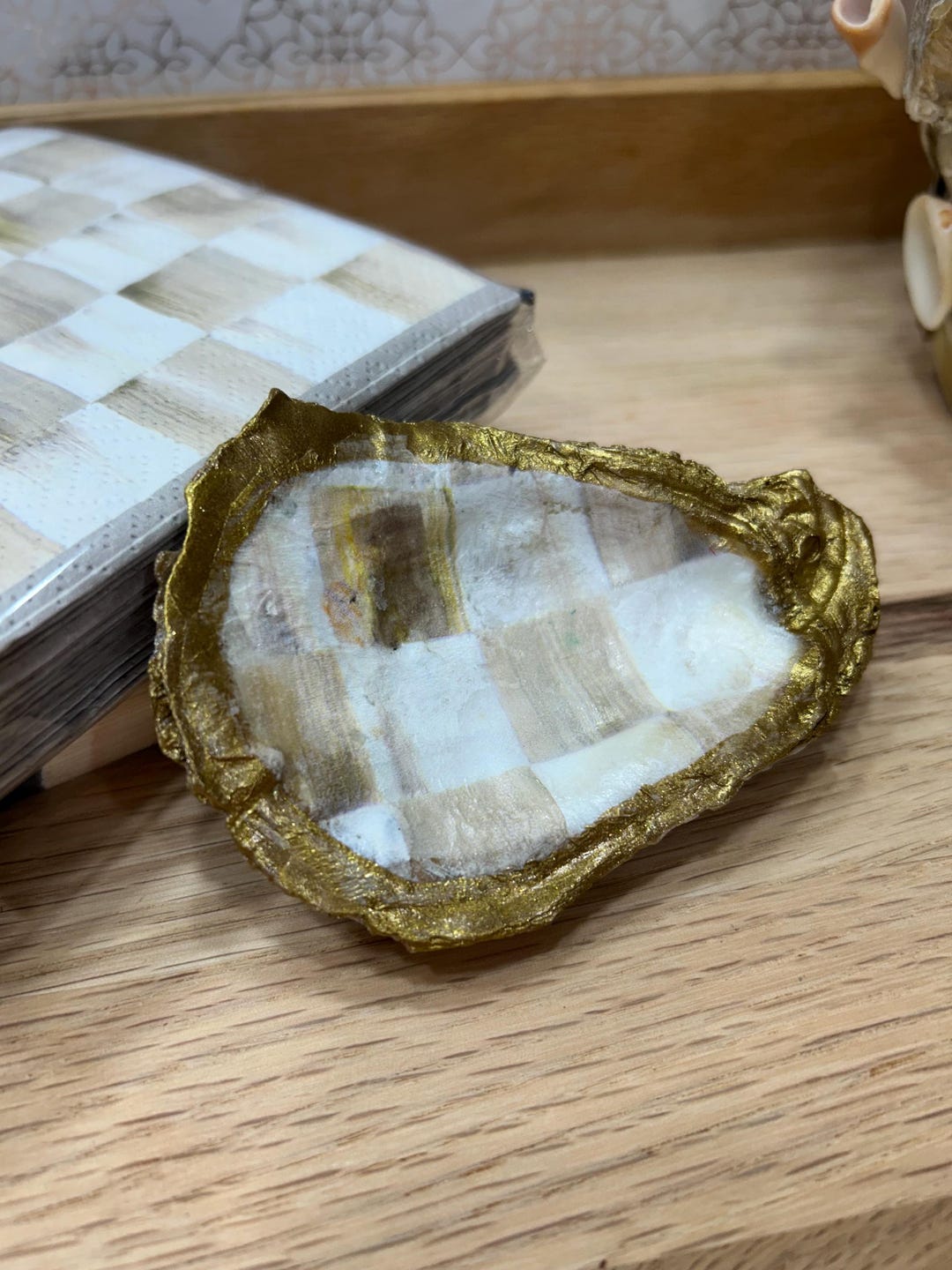 Oyster Shell Trinket, Mocha Checkered Trinket Dish, Mackenzie Childs ...