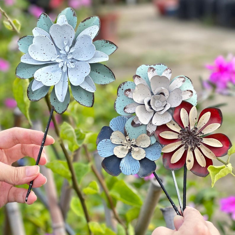 Handcrafted Rustic Iron Flower Garden Stakes, Home and Garden Decor - Etsy