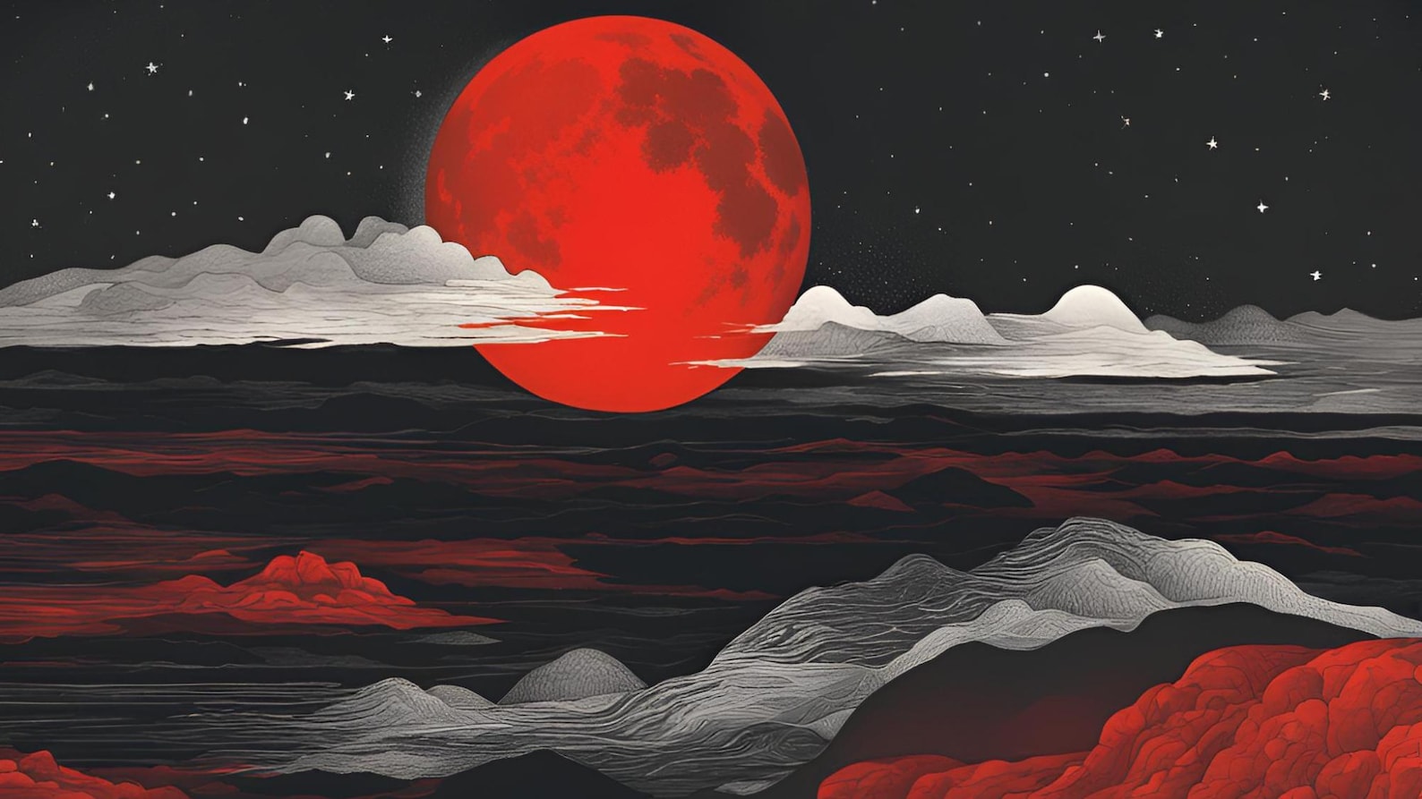 Japanese Descent Red Moon Digital and Printable, Ambient Red Moon ...