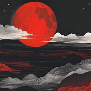 Japanese Descent Red Moon Digital and Printable, Ambient Red Moon ...