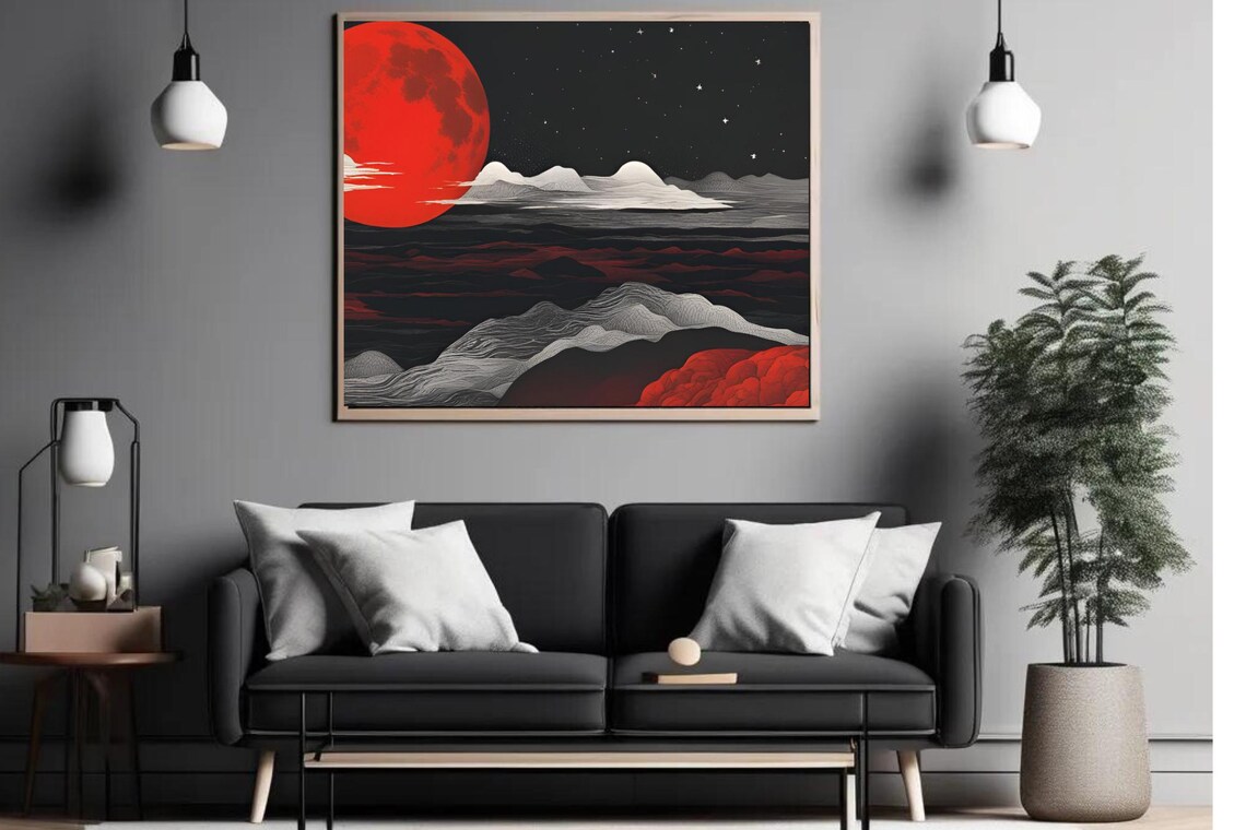 Japanese Descent Red Moon Digital and Printable, Ambient Red Moon ...