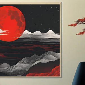 Japanese Descent Red Moon Digital and Printable, Ambient Red Moon ...