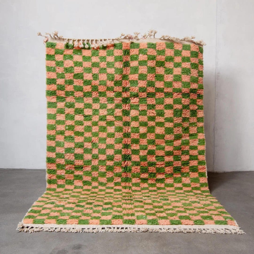 Terracotta and Green Moroccan, Terracotta Checkered Rug - Handwoven ...