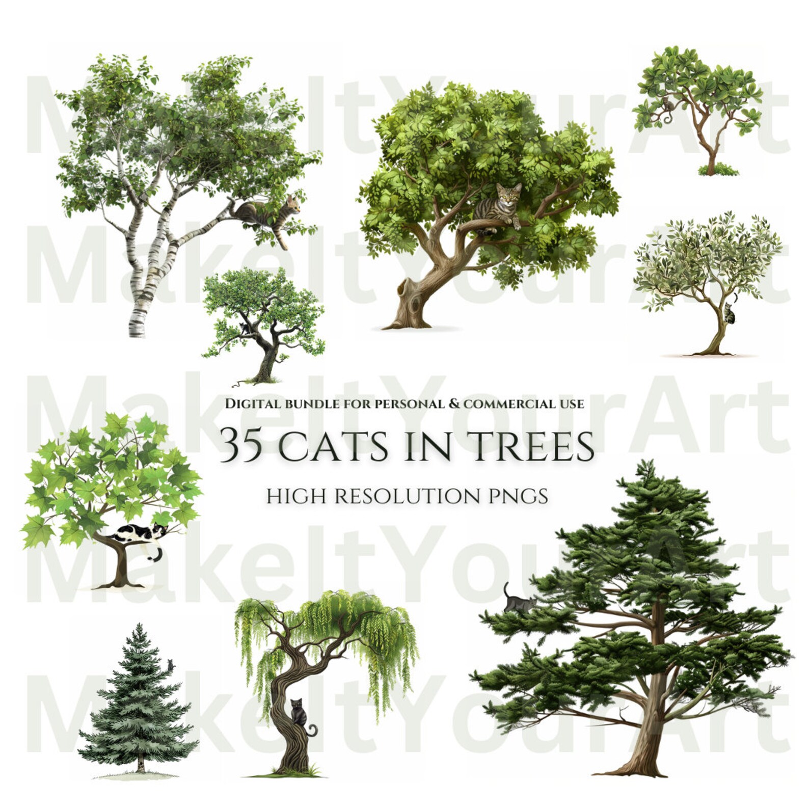 Bundle of Cats in Trees Clipart Bundle - High Resolution PNG - Digital ...