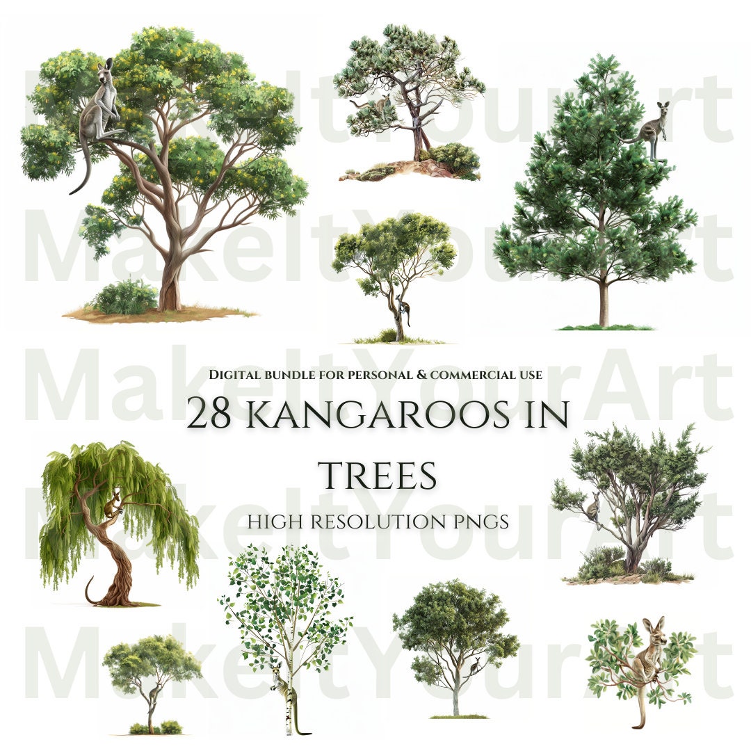 Bundle of Kangaroos in Trees Clipart Bundle High Resolution PNG Digital ...