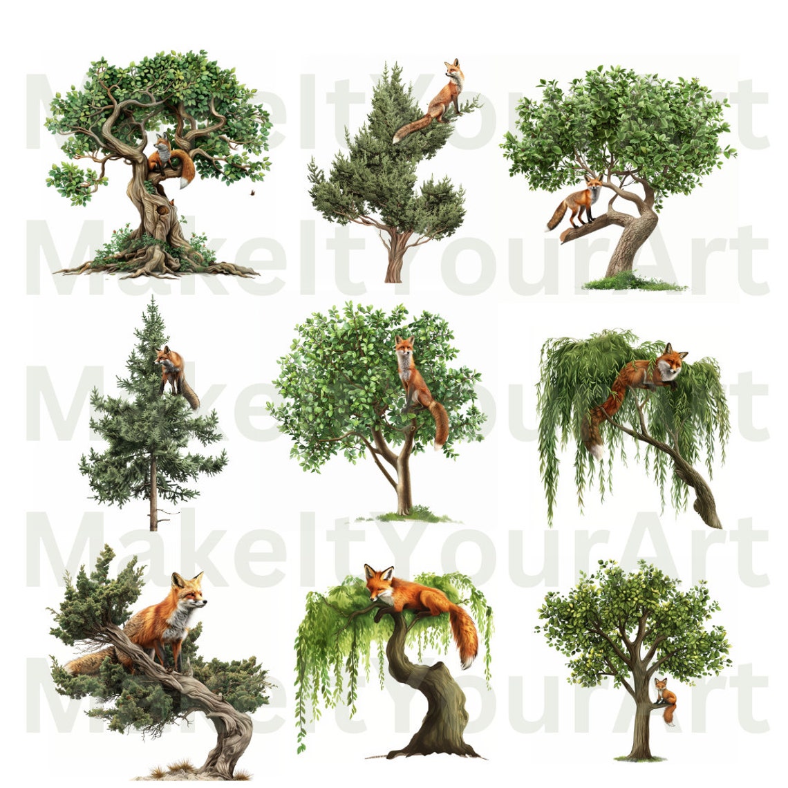 Bundle of Foxes in Trees Clipart Bundle High Resolution PNG Digital Art ...
