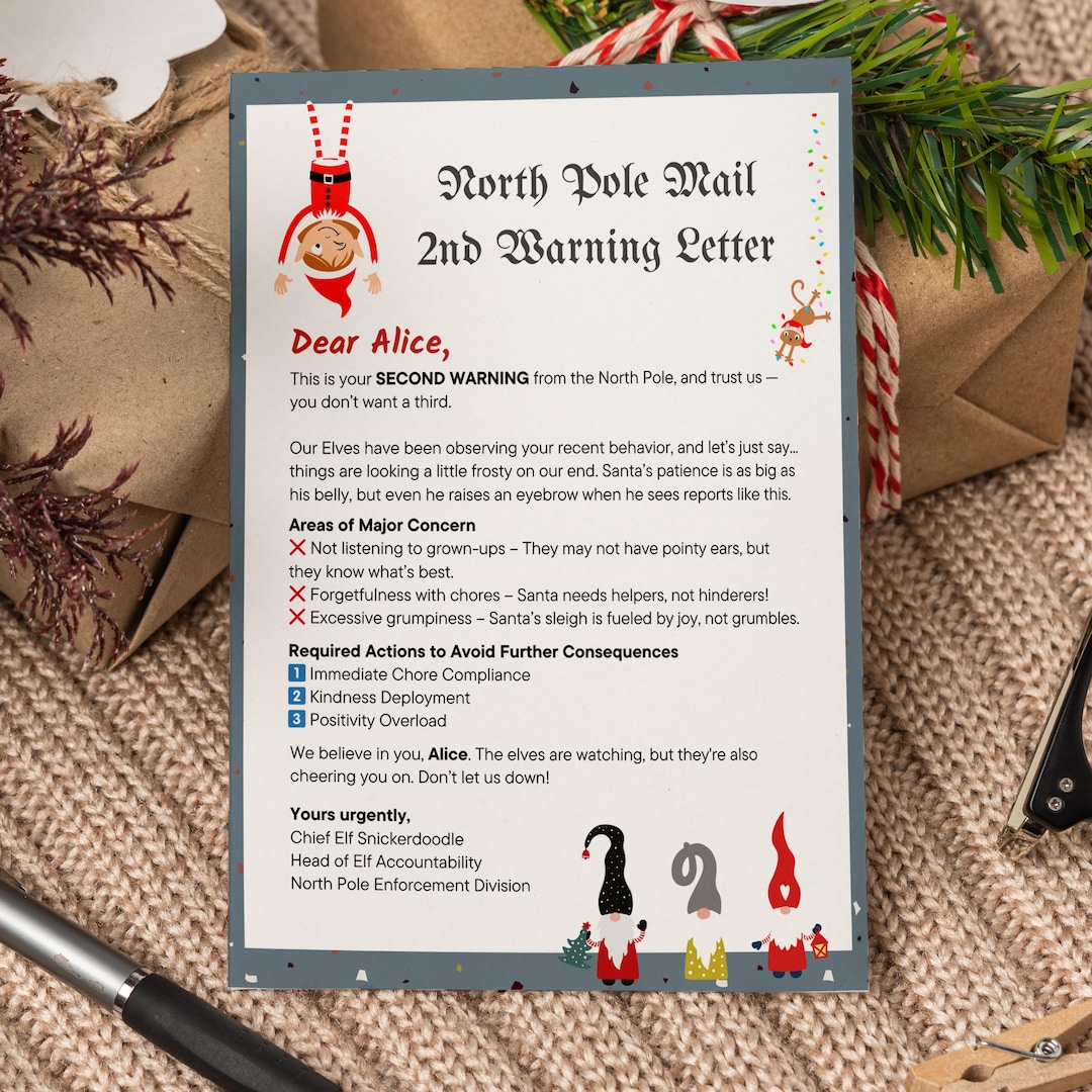 Printable Elf Warning Letter, Official Elf Second Warning Letter, 5 X 7 ...