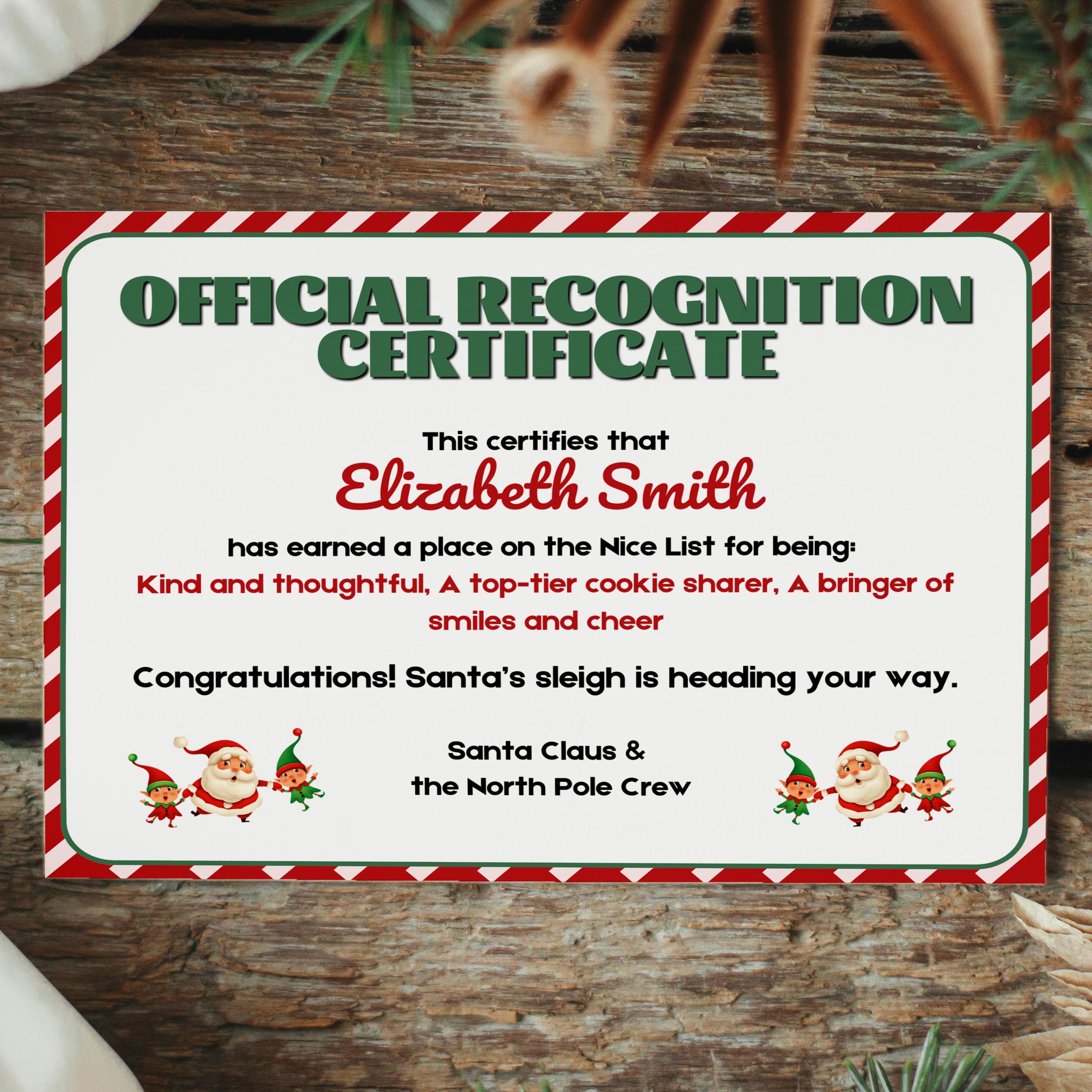 Printable Santa's Nice List Certificate, Official Recognition ...